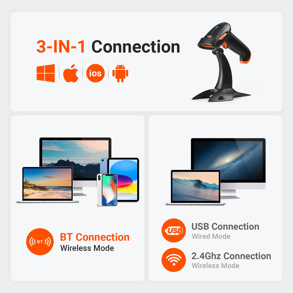 HW0002 Barcode Scanner | 2D QR Bluetooth Wirelss Bar Code Reader | Tera Digital