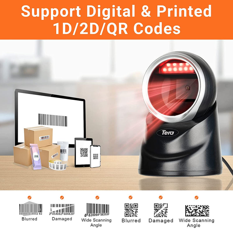 Tera Digital 9100 Barcode Scanner | QR 2D Desktop USB Bar Code Reader